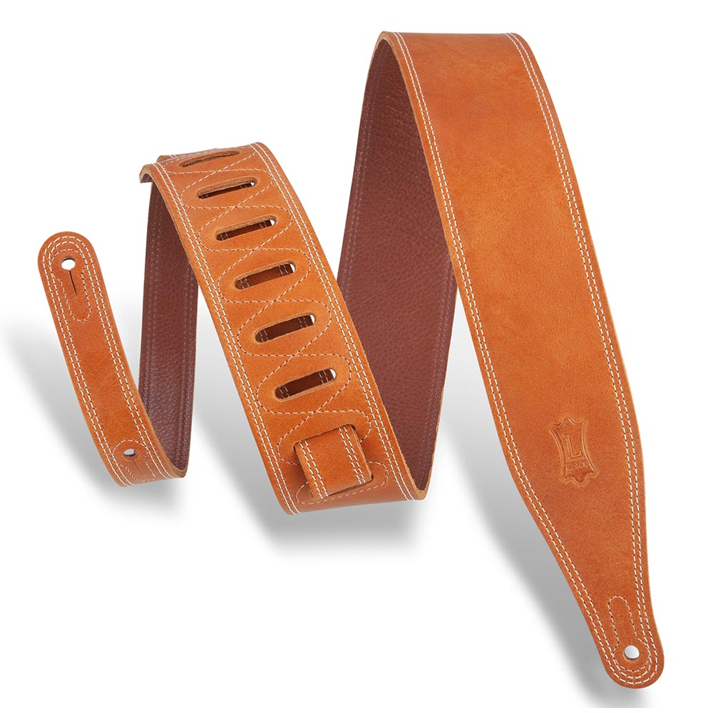 Levys 2 1/2 Inch Butter Double Stitch Guitar Strap Pull Up Leather Tan